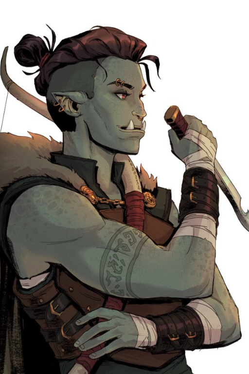 robust-koala842: half-orc woman, green skin. conservative leather armor ...