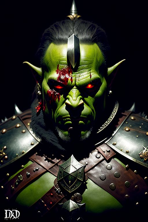 canine-elk159: a green orc, a missing eye, covered in blood, full plate ...