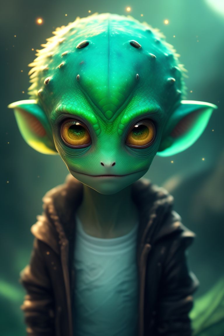 KookyCreator: A cute 8 old lizard alien child, with green skin, teal ...