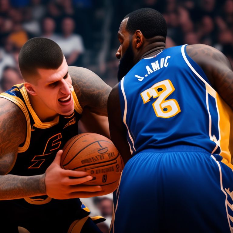 lost-crane495: In this cinematic scene, basketball titans LeBron James and Nikola Jokic Engage ...