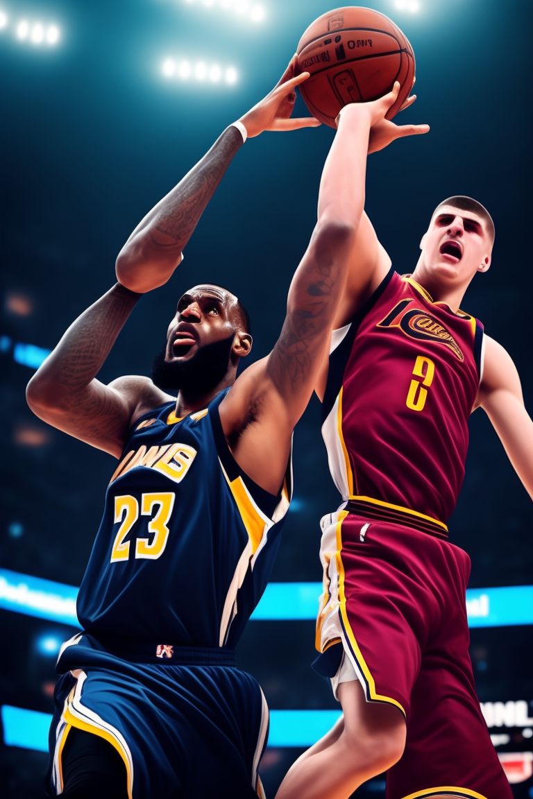 lost-crane495: In this cinematic scene, basketball titans LeBron James and Nikola Jokic Engage ...