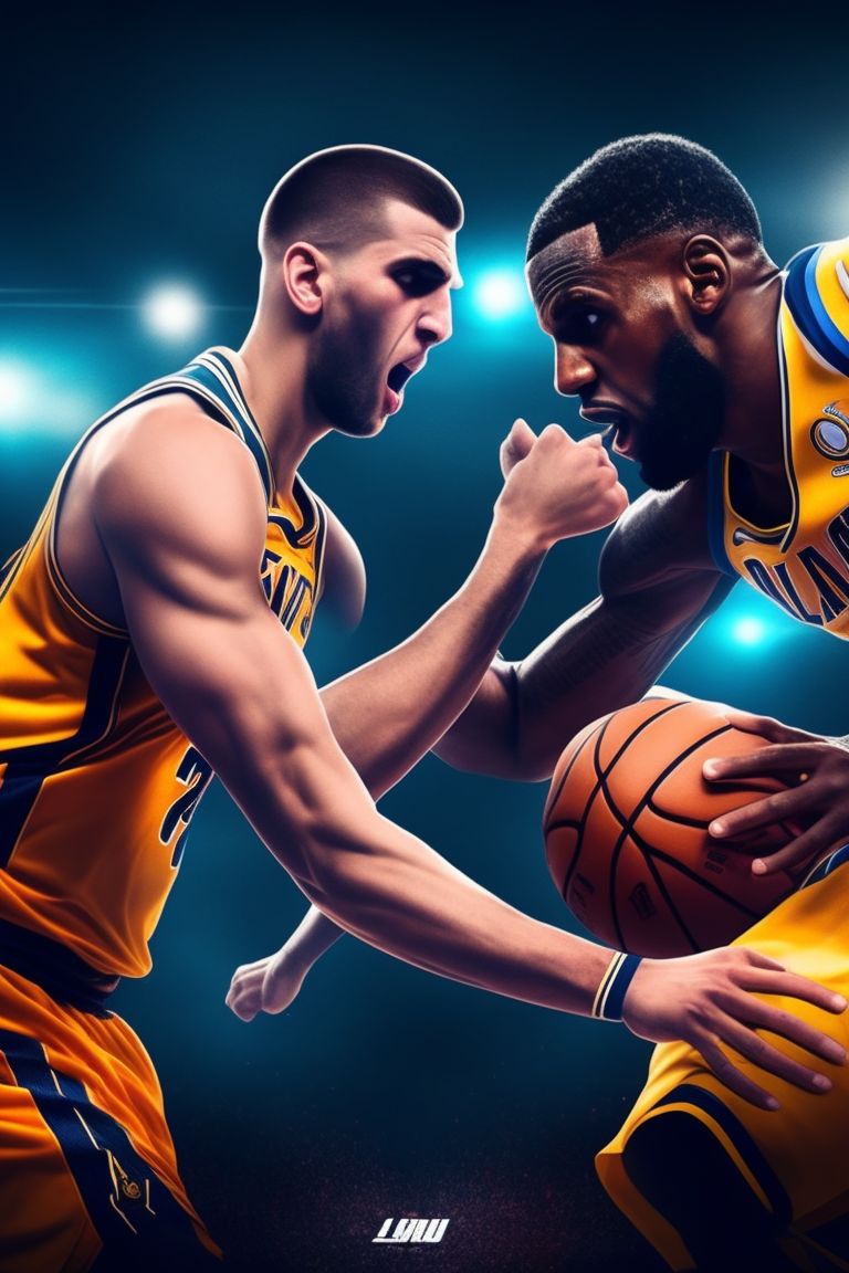 lost-crane495: In this cinematic scene, basketball titans LeBron James and Nikola Jokic Engage ...