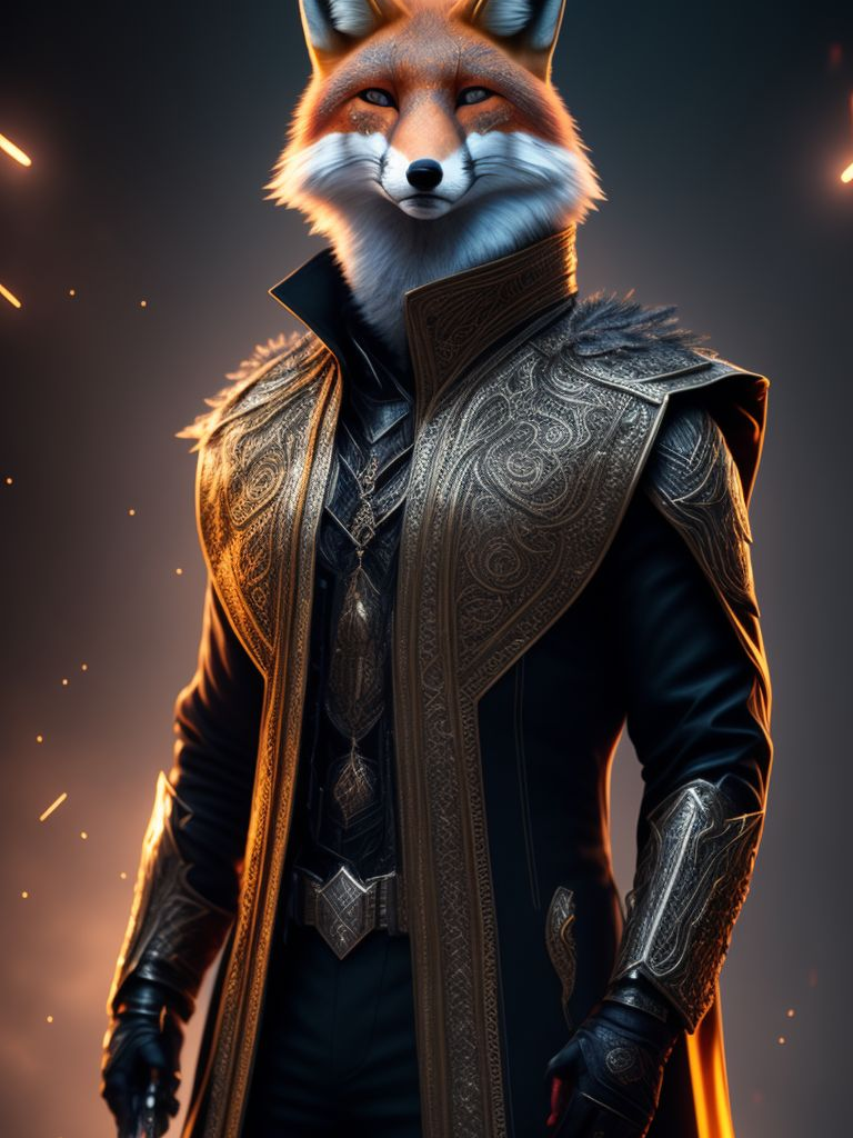 glum-human607: anthropomorphic fox stands tall and confident adorned in ...