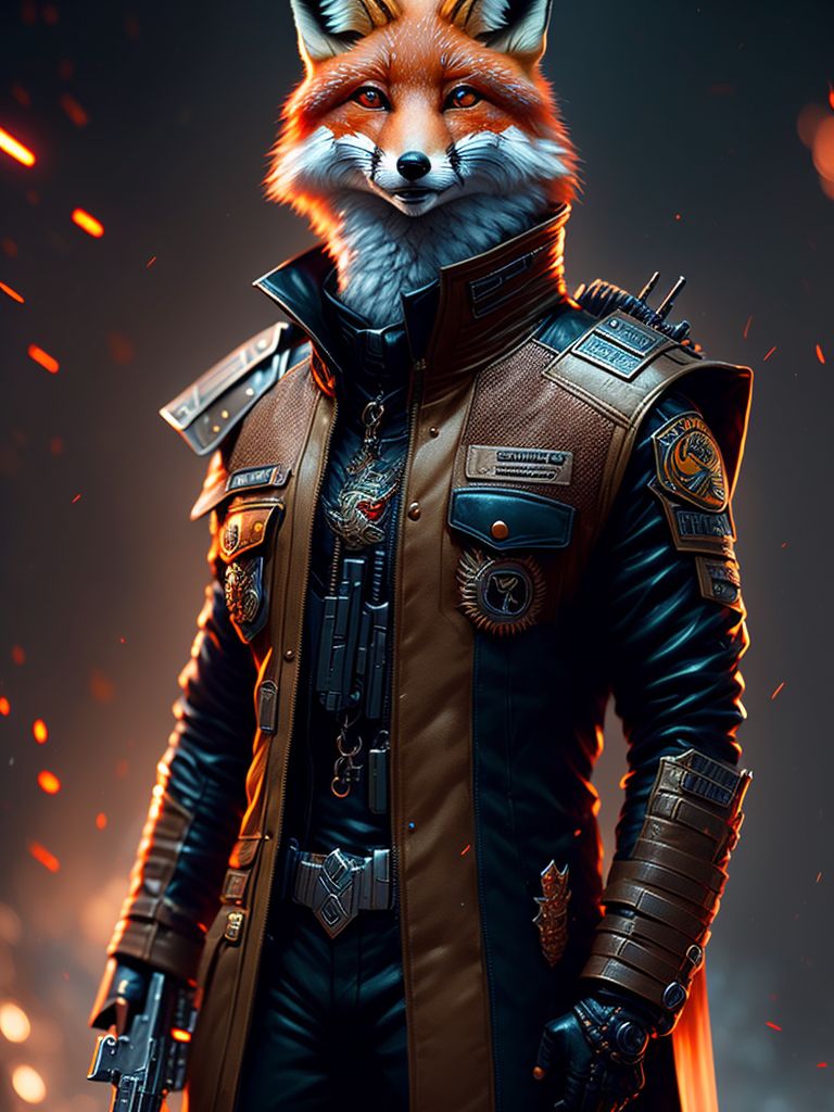 glum-human607: anthropomorphic fox stands tall and confident adorned in ...