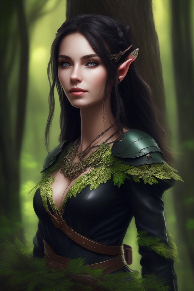 VarnaBrokentree: kneeling caucasian female wood elf wearing black ...
