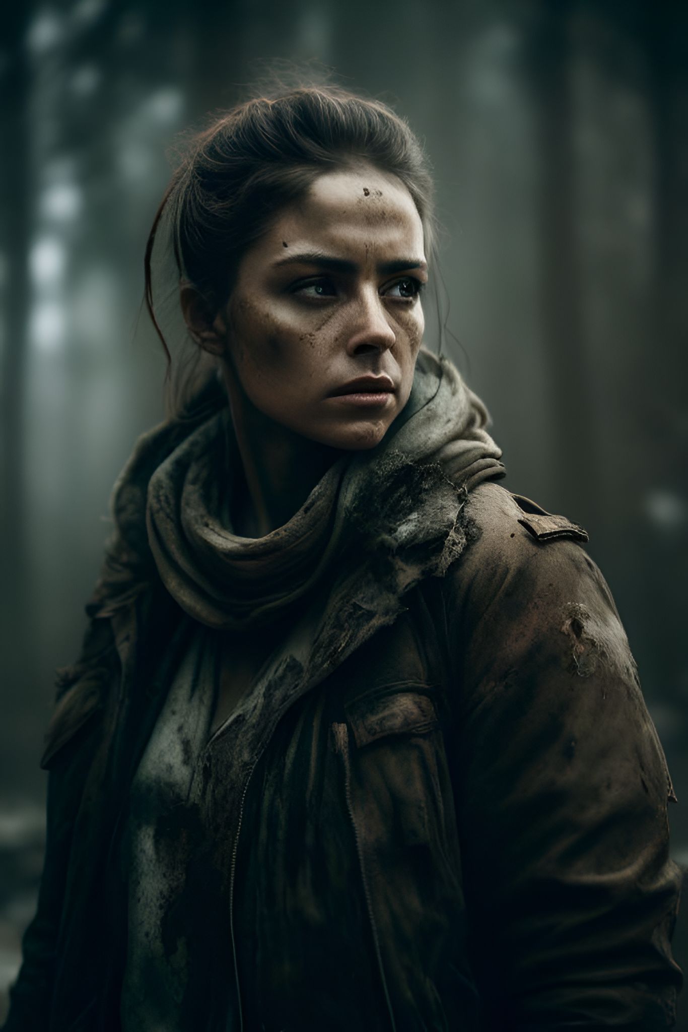 Kasans: a female post-apocalypse survivor, heroic pose, fear