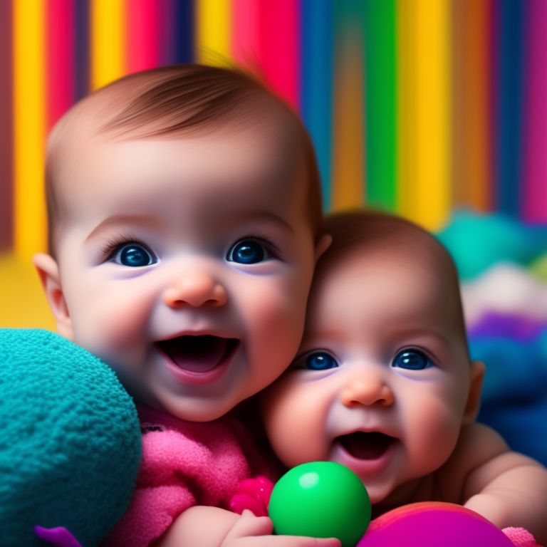 Walk77: realistic photography, two babies playing in a colorful room ...
