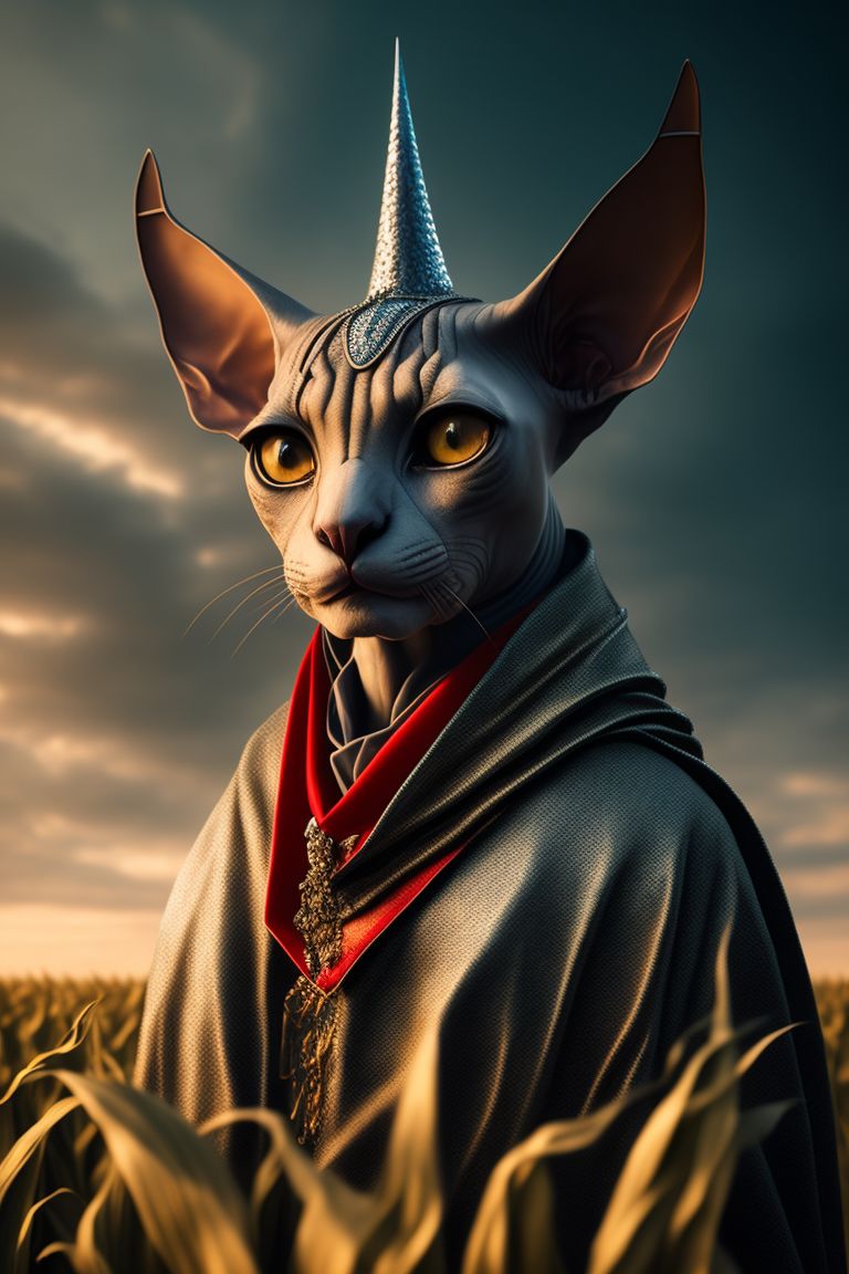 scary-rail770: Sphinx cat wearing clown outfit in corn field.