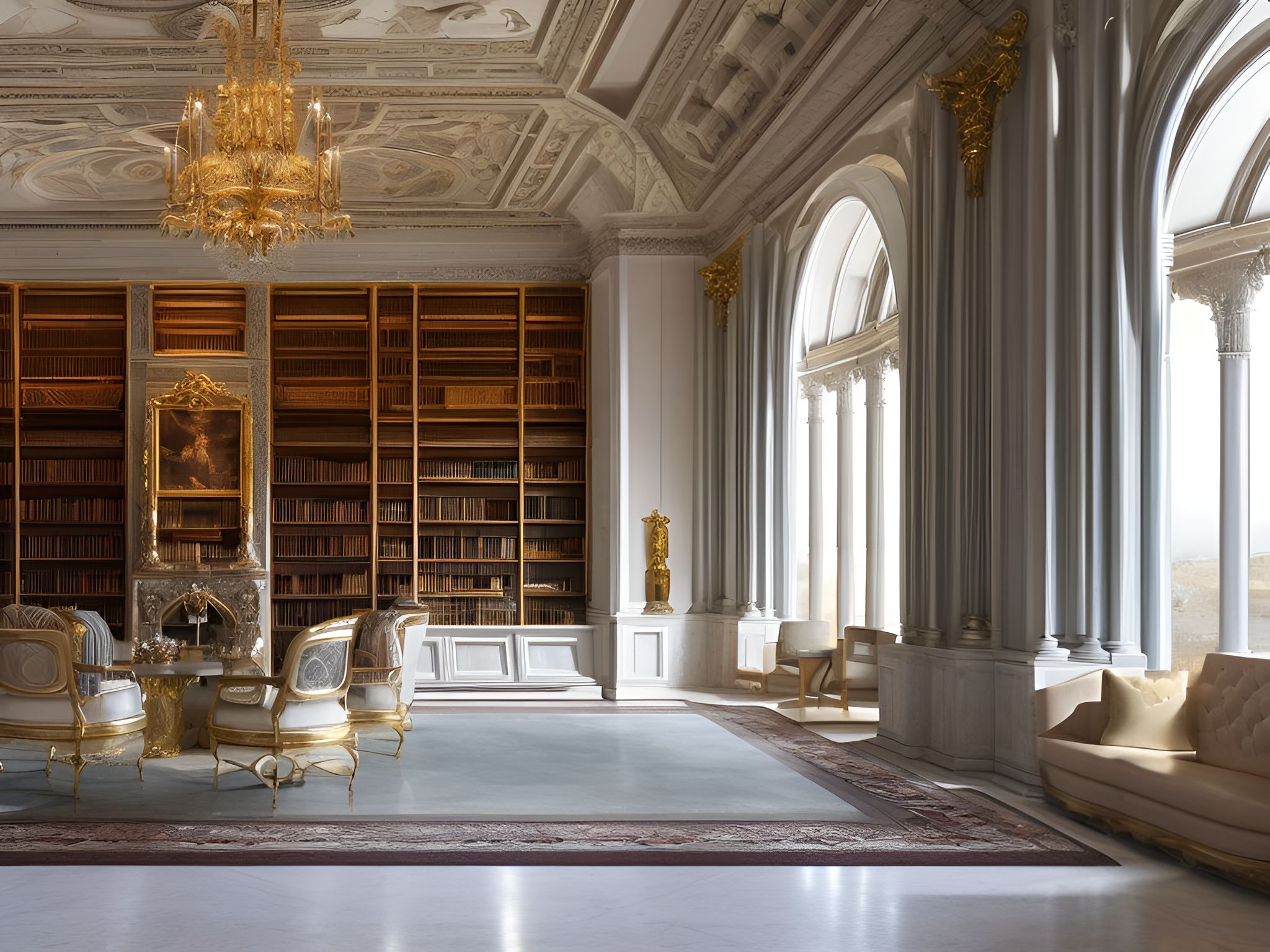 Hursty: epic interior library, fantasy, streaming light, rustic, white ...