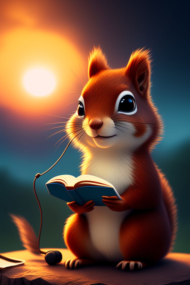 firm-mantis107: 3D cartoon, squirrel, with headphone, with book in hand