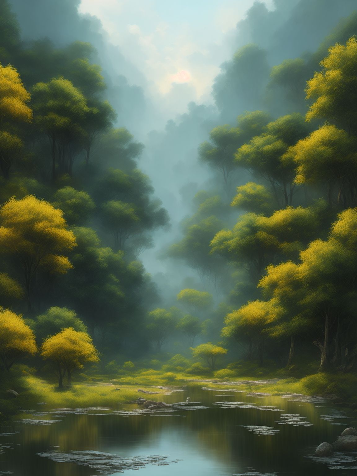 reliable-yak58: sunny day, many trees, light blue clouds, many small ...