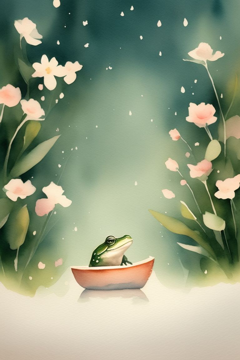 Hursty: frog sitting in a row boat, streaming light, foliage, cosy ...