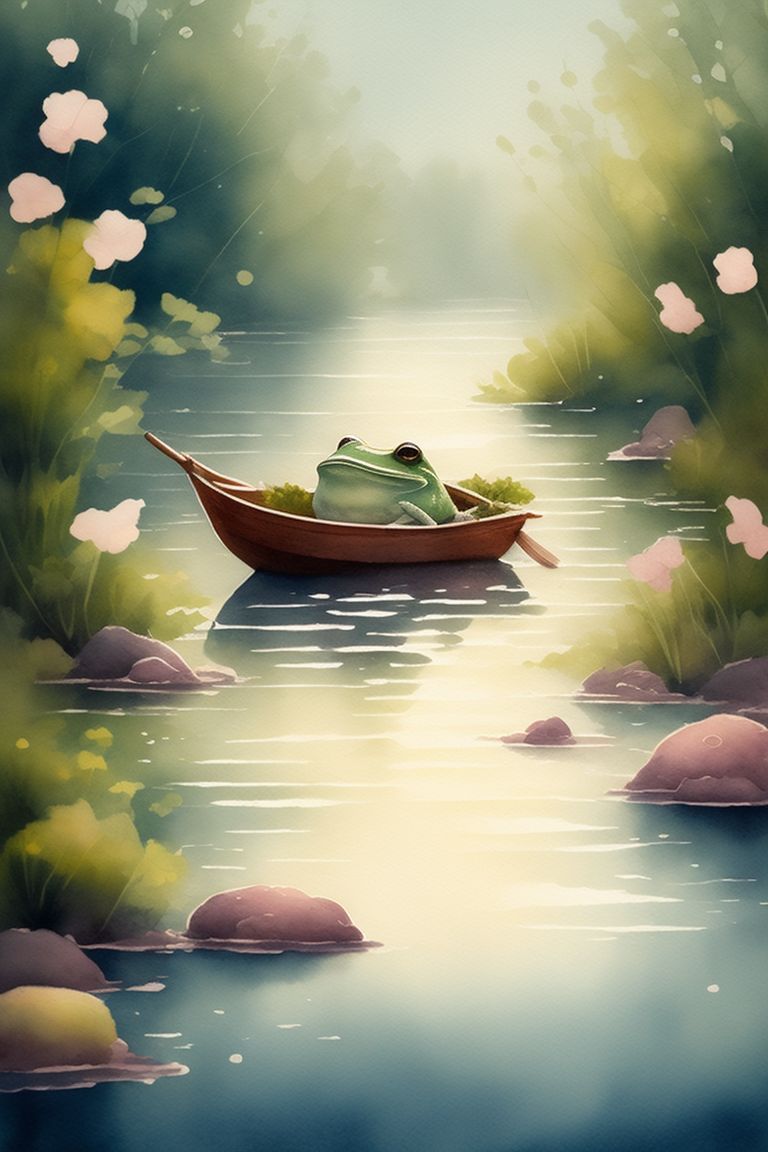 Hursty: frog sitting in a row boat, streaming light, foliage, cosy ...