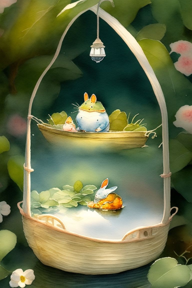 Hursty: frog sitting in a row boat, streaming light, foliage, cosy ...