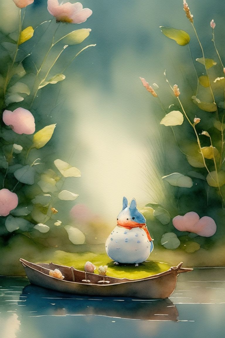 Hursty: frog sitting in a row boat, streaming light, foliage, cosy ...