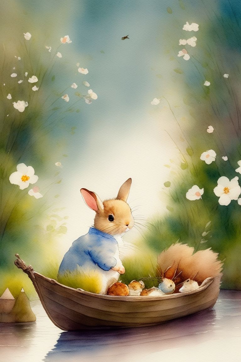 Hursty: rabbit sitting in a row boat, streaming light, foliage, cosy ...