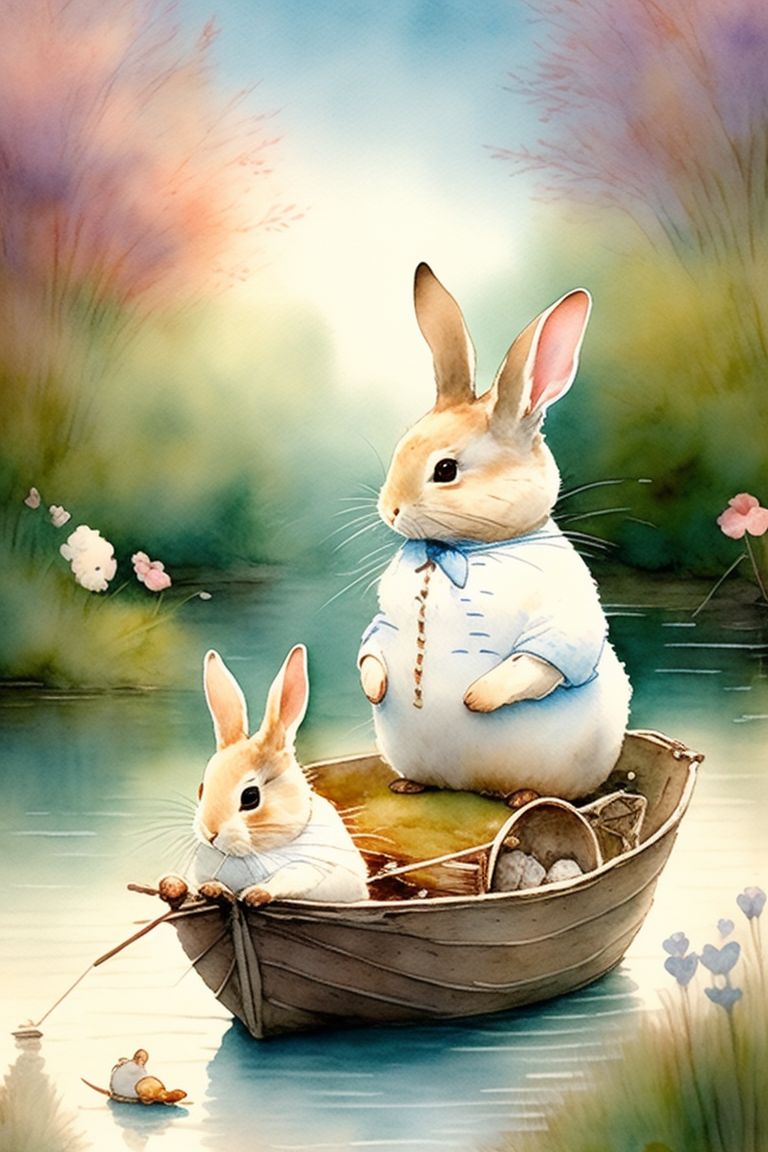 Hursty: rabbit sitting in a row boat, streaming light, foliage, cosy ...