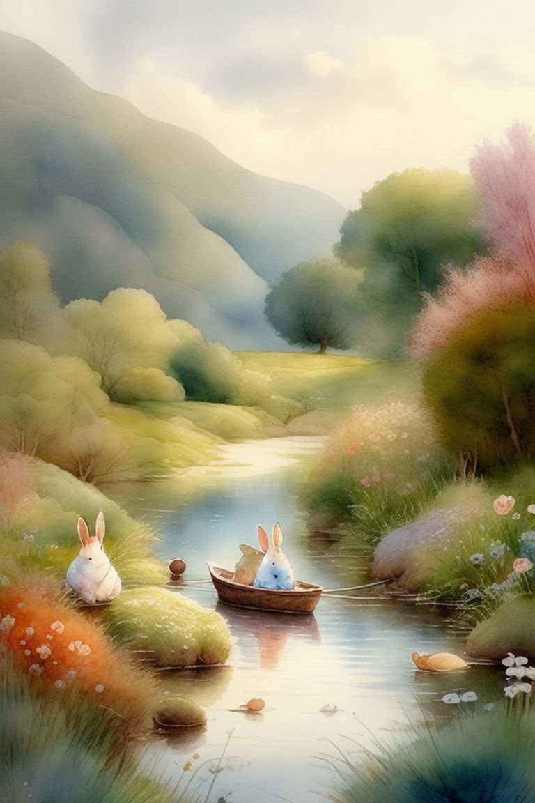 Hursty: rabbit sitting in a row boat, streaming light, foliage, cosy ...