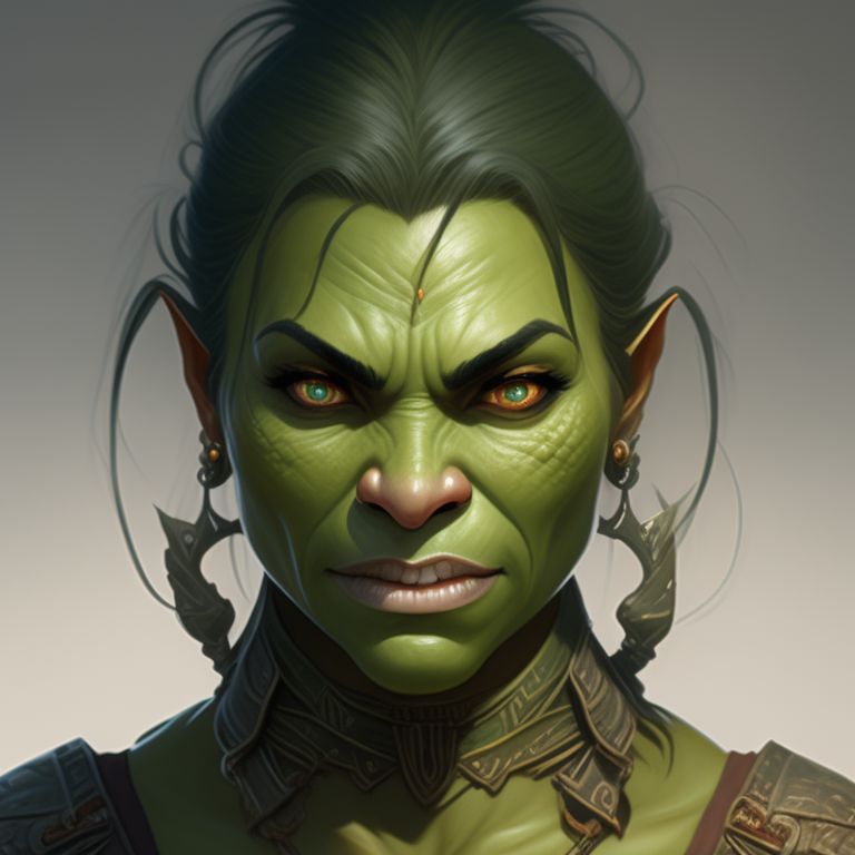 robust-koala842: young adult half orc female, green skin, ugly, friendly large lower jaw ...