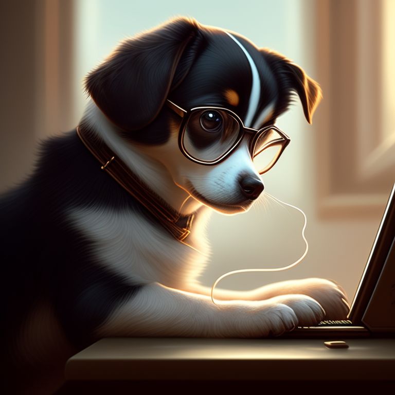 exotic-hare177: 2d character, a cute dog with glasses is studying or ...