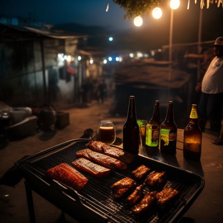 Walk77: realistic photo, poor place, favela, a grill with a lot of meat ...