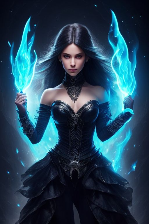 SilverEvermoore: a female sorcerer with black hair and glowing blue eyes wearing black leather ...