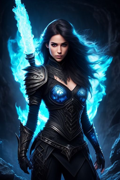 SilverEvermoore: a female sorcerer with black hair and glowing blue ...