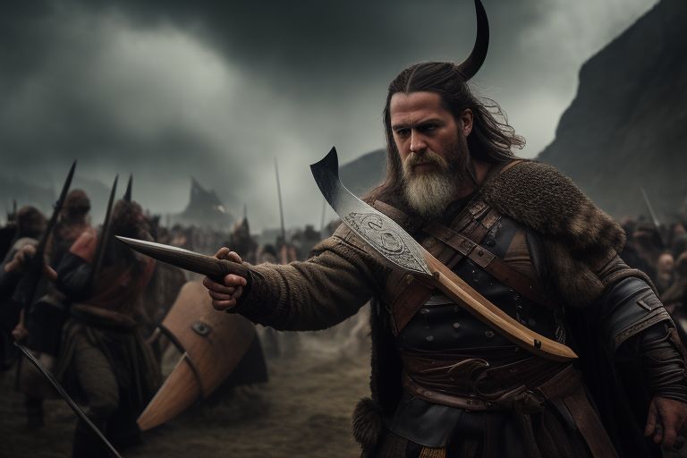 hefty-dunlin790: cool viking person fighter with big axe in a battle