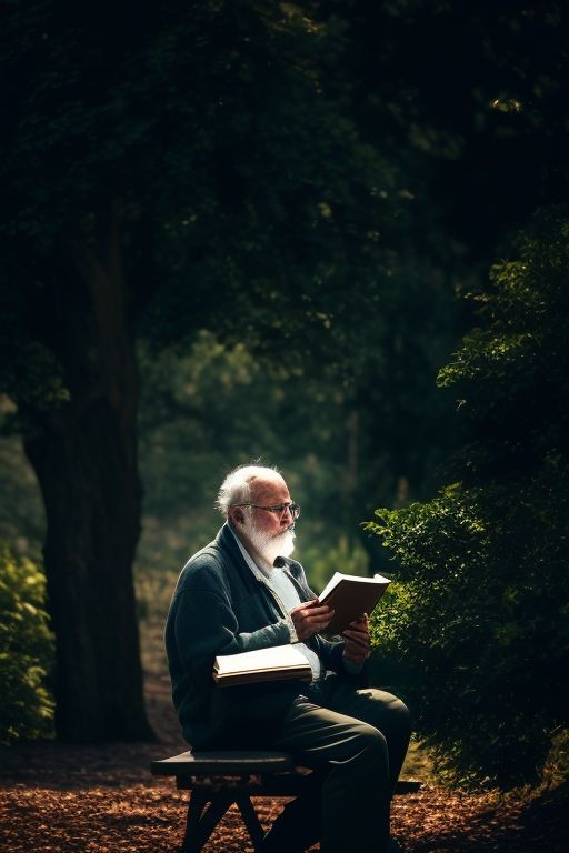 moral-turtle525: Old man with reading glasses sitting on a bench in a ...
