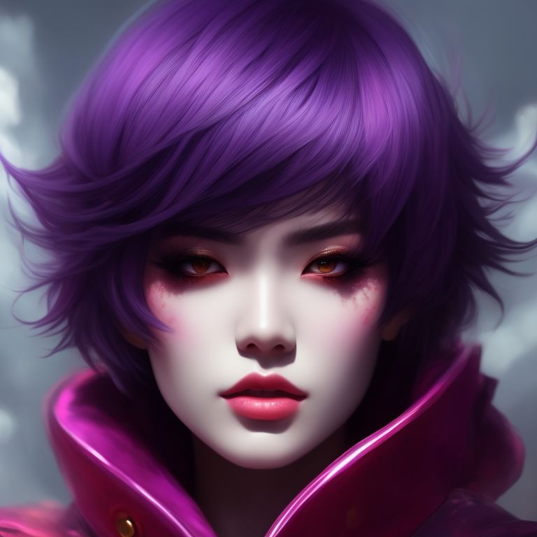 DragonKnight613: male, full, short purple hair, wearing a long red coat ...