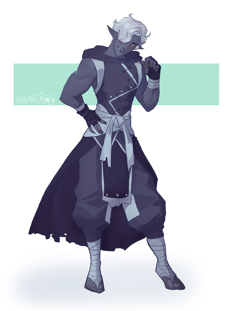 Dilok: a drow monk with purple skin holding a bottle of wine