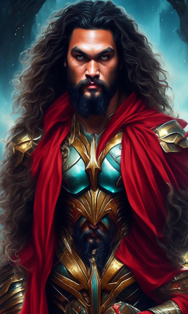 Fedoraxsa: Jason Momoa sporting a Aquaman suit, woman in a flowing red ...