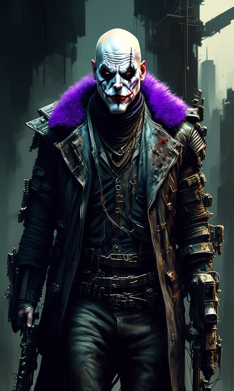 Iskandur: post-apocalyptic Joker, ragged grimy purple suit, cyborg ...
