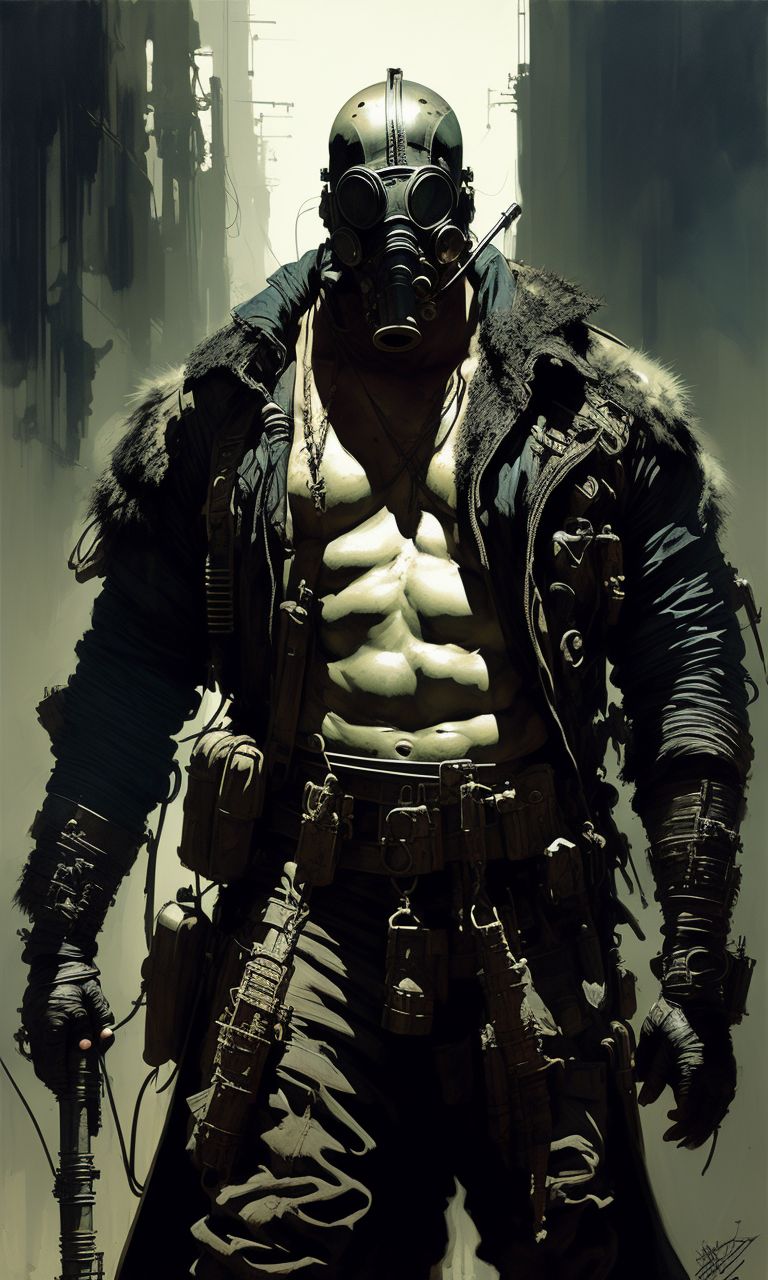 Iskandur: post-apocalyptic Bane, ragged grimy, cyborg, bald, gasmask ...