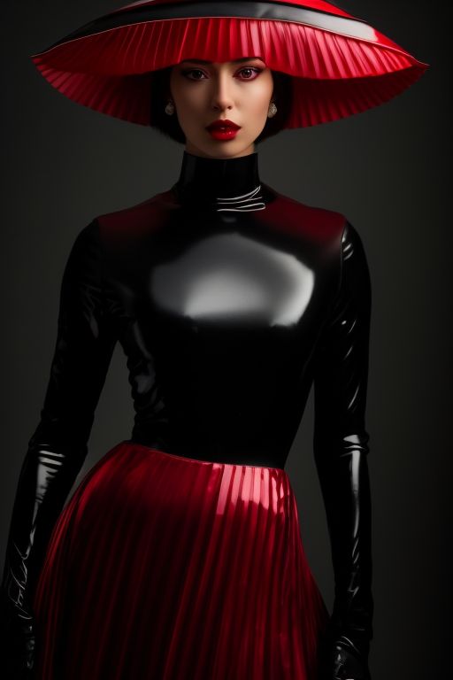 unwilling-bee97: latex, red, smooth, shiny red pleated skirt, curly, wispy, detailed, looking at ...