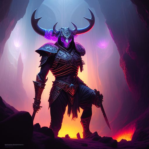 wobbly-bat189: the face of Minotaur skeleton warrior, holding a two ...