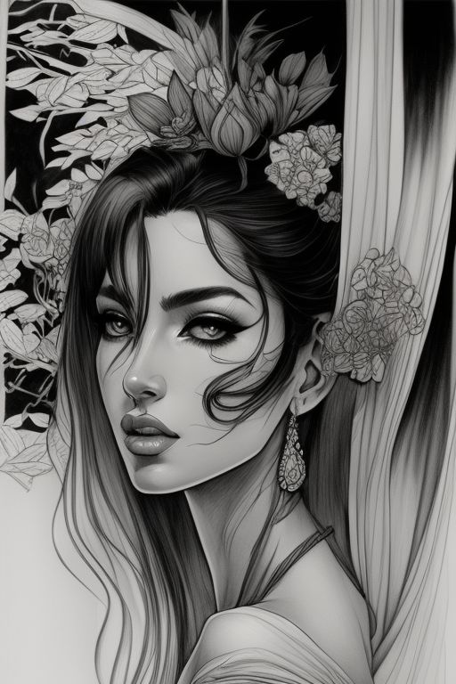 AndreaMarques: woman with flowers Elegant cartoon black lines white ...