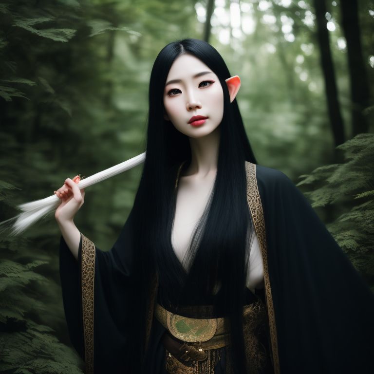 black-mole729: female elf, asian, pale skin, long black hair, sorcerer, surrounded by nature
