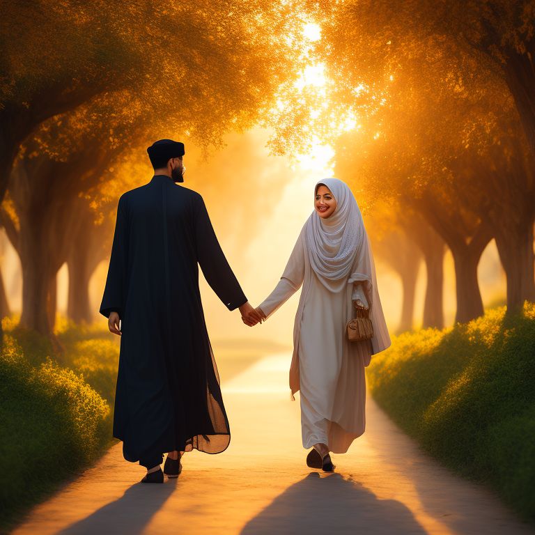 Muslim Couple Holding Hands Walking