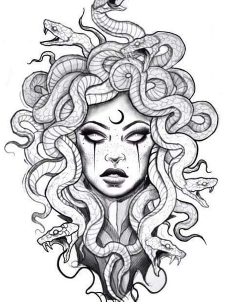 jumbo-goose744: medusa, black background, red moon, design t-shirt