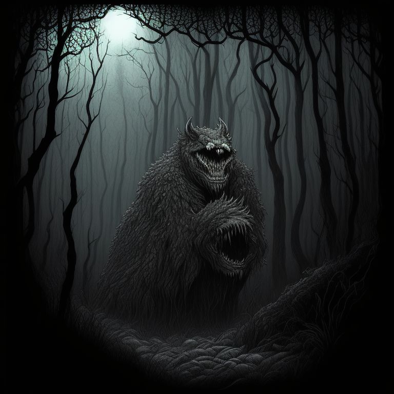 tinted-bear835: rougarou metis monster in the woods thin line art style