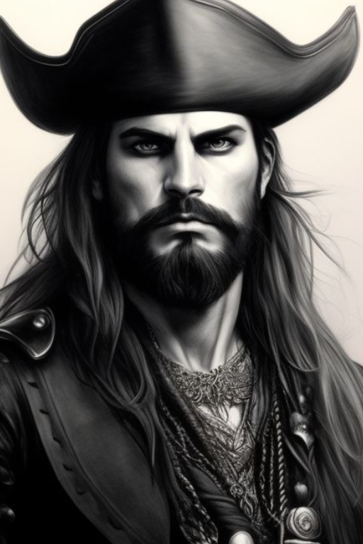 impish-viper638: a drawing pencil portrait of a MALE as pirate captain ...