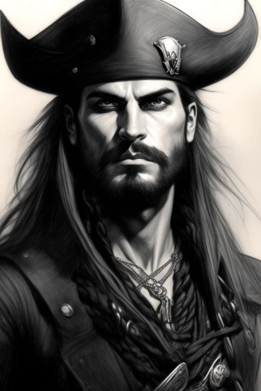 impish-viper638: a drawing pencil portrait of a MALE as pirate captain ...