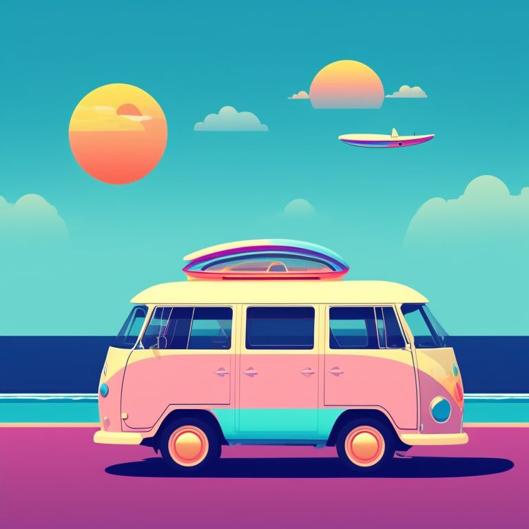 ornate-lion461: Psychedelic VW Bus with a surfboard on the roof and ...