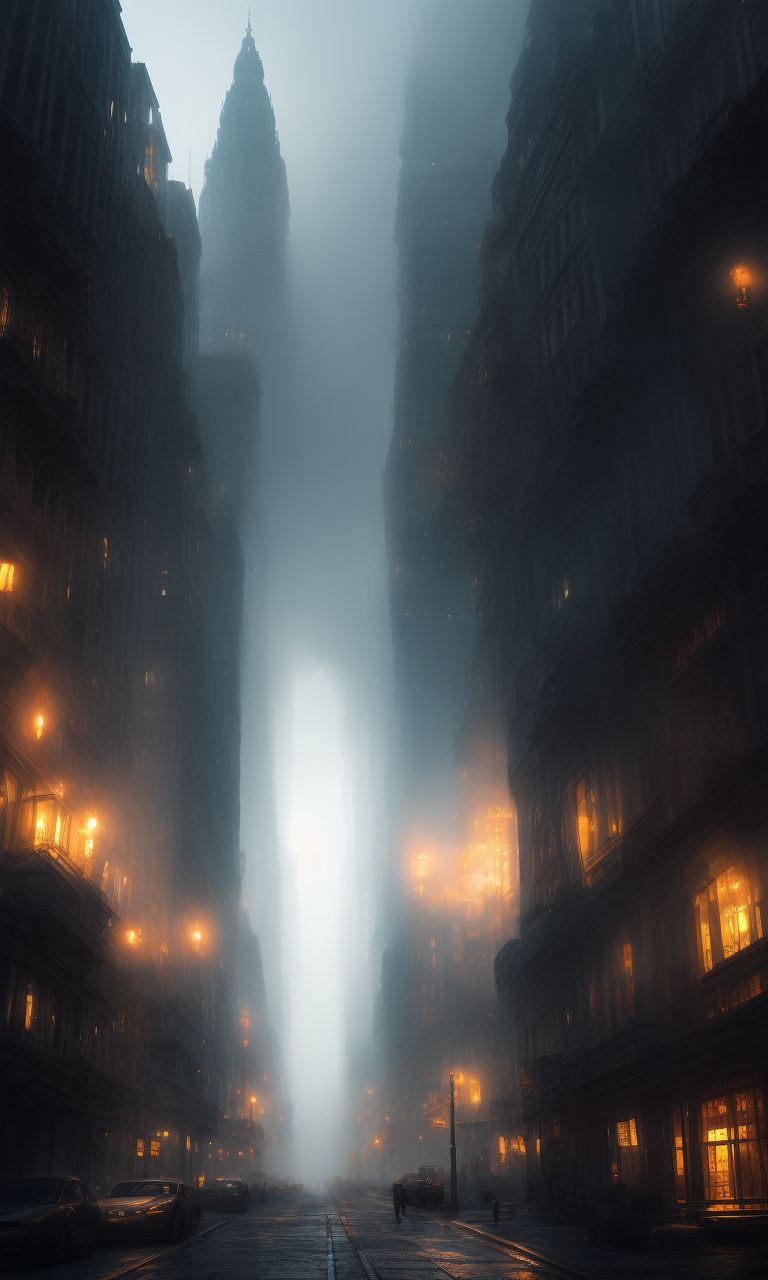 mushy-loris334: city covered in fine fog, hyper realistic, b/w, 4k