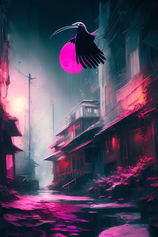 gloomy-ibex114: pink raven flying with a moon in the back ground over a ...