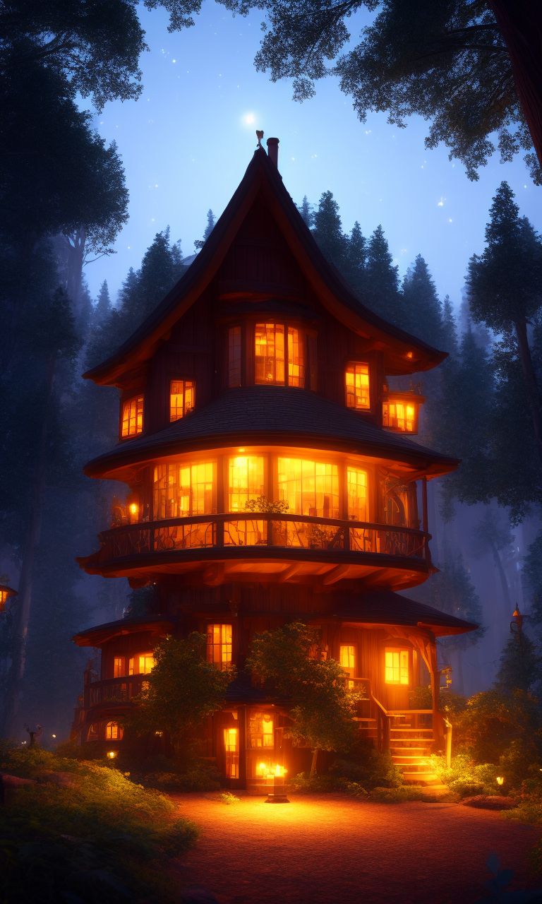 both-tarsier275: house in the mystical forest, with fireflies and unicorns