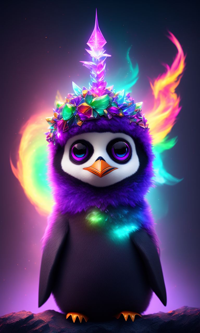 Sprogu: A penguin sorcerer wearing a rainbow crown, wearing purple, on ...