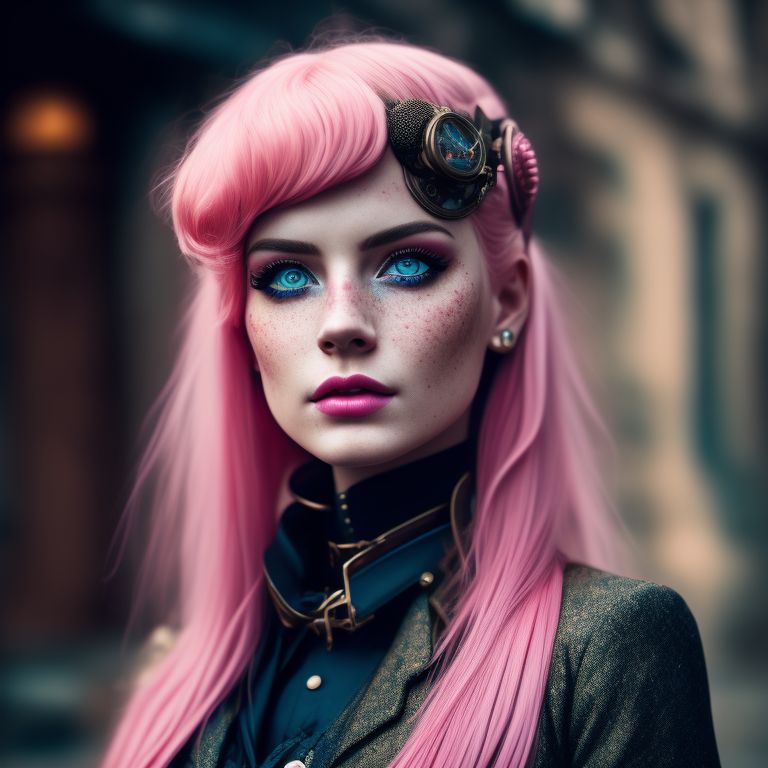 Defiant Boar713 Pink Haired Girl Blue Eyes Freckles Retro Steampunk