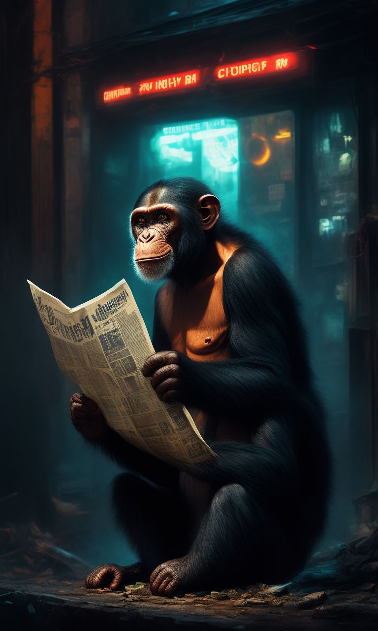moral-turtle525: chimp reading a Russian newspaper